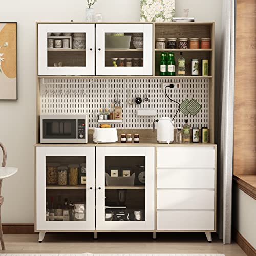 AGOTENI 74.8" Tall Kitchen Pantry Cabinet with 4 Drawers, 4 Doors, Cup Holder, Socket, Microwave Stand, Freestanding Hutch Cabinet with Buffet Cupboard for Kitchen, Dinningroom