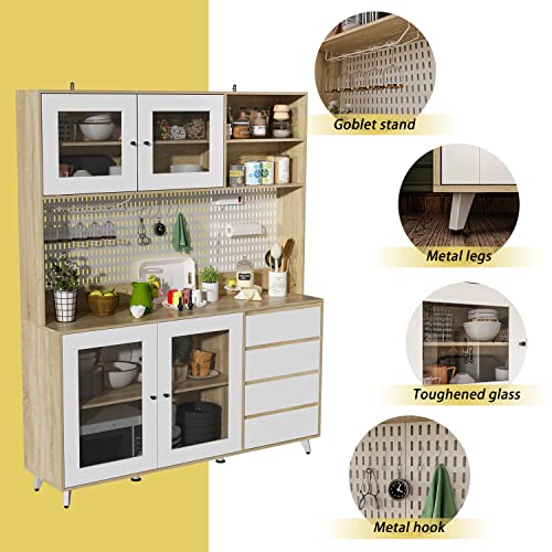 AGOTENI 74.8" Tall Kitchen Pantry Cabinet with 4 Drawers, 4 Doors, Cup Holder, Socket, Microwave Stand, Freestanding Hutch Cabinet with Buffet Cupboard for Kitchen, Dinningroom