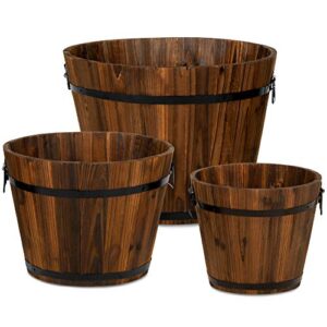 best choice products set of 3 wooden bucket barrel garden planters set rustic decorative flower beds for plants, herbs, veggies w/drainage holes, multiple sizes, indoor outdoor use