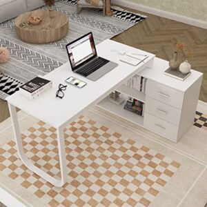 didugo office desk with drawers and shelves, home office desk l shaped desk with metal frame, wood corner desk computer desk for office bedroom white