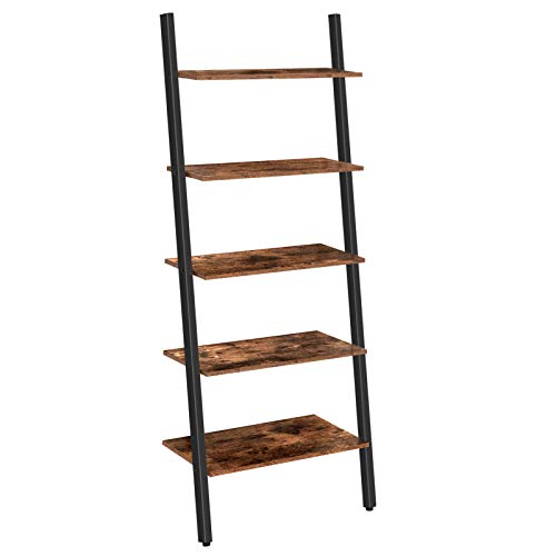 HOOBRO Ladder Shelf, 5-Tier Leaning Bookshelf, Industrial Storage Rack Shelves, Leaning-Against-Wall, for Living Room Office Kitchen, Metal Frame, Rustic Brown BF70CJ01