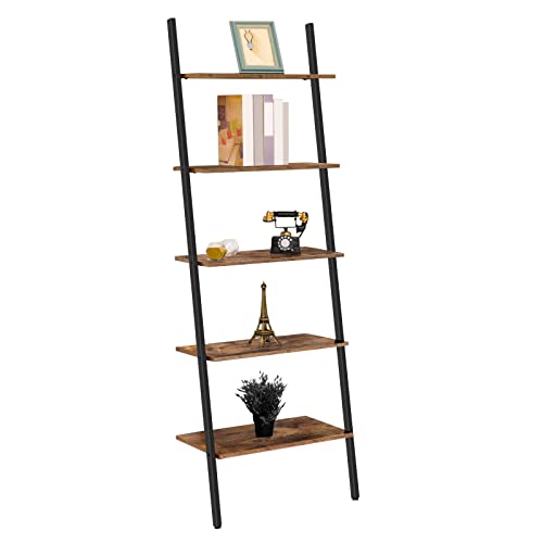 HOOBRO Ladder Shelf, 5-Tier Leaning Bookshelf, Industrial Storage Rack Shelves, Leaning-Against-Wall, for Living Room Office Kitchen, Metal Frame, Rustic Brown BF70CJ01