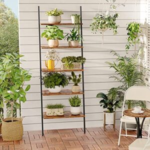 HOOBRO Ladder Shelf, 5-Tier Leaning Bookshelf, Industrial Storage Rack Shelves, Leaning-Against-Wall, for Living Room Office Kitchen, Metal Frame, Rustic Brown BF70CJ01