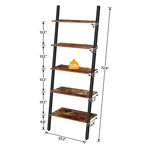 HOOBRO Ladder Shelf, 5-Tier Leaning Bookshelf, Industrial Storage Rack Shelves, Leaning-Against-Wall, for Living Room Office Kitchen, Metal Frame, Rustic Brown BF70CJ01