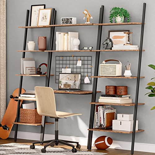 HOOBRO Ladder Shelf, 5-Tier Leaning Bookshelf, Industrial Storage Rack Shelves, Leaning-Against-Wall, for Living Room Office Kitchen, Metal Frame, Rustic Brown BF70CJ01