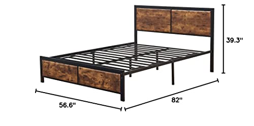 VECELO Full Platform Bed Frame/Mattress Foundation with Rustic Vintage Wood Headboard, Strong Metal Slats Support, No Box Spring Needed