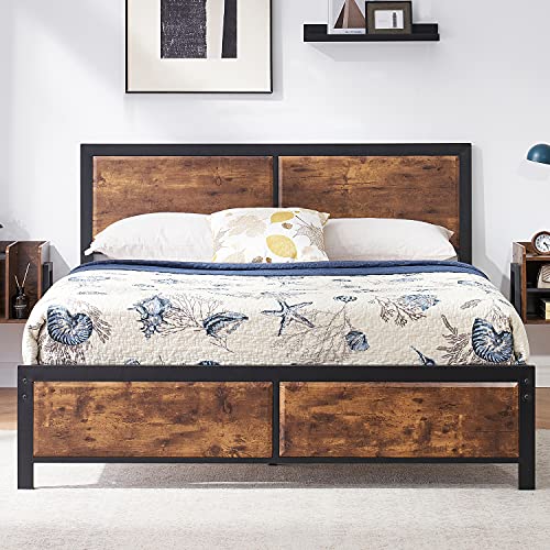 VECELO Full Platform Bed Frame/Mattress Foundation with Rustic Vintage Wood Headboard, Strong Metal Slats Support, No Box Spring Needed