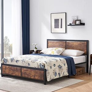 VECELO Full Platform Bed Frame/Mattress Foundation with Rustic Vintage Wood Headboard, Strong Metal Slats Support, No Box Spring Needed