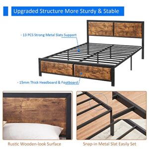 VECELO Full Platform Bed Frame/Mattress Foundation with Rustic Vintage Wood Headboard, Strong Metal Slats Support, No Box Spring Needed