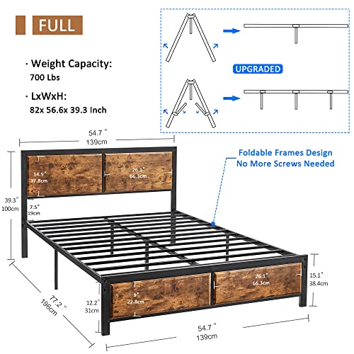 VECELO Full Platform Bed Frame/Mattress Foundation with Rustic Vintage Wood Headboard, Strong Metal Slats Support, No Box Spring Needed