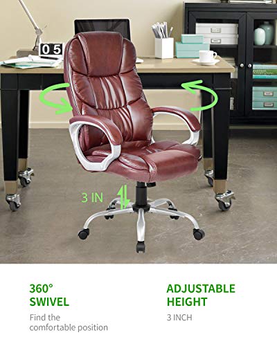 Office Chair Computer High Back Adjustable Ergonomic Desk Chair Executive PU Leather Swivel Task Chair with Armrests Lumbar Support (Brown)