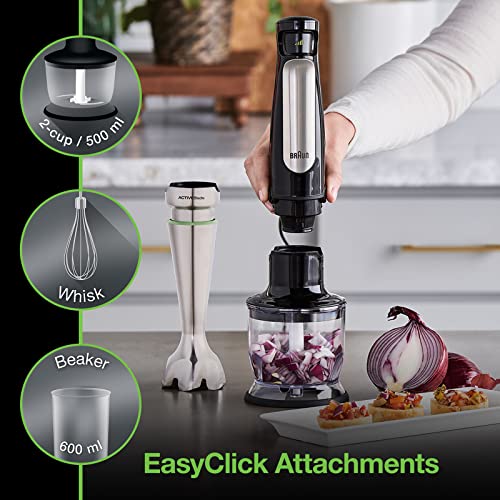 Braun MQ7035X 3-in-1 Immersion Hand, Powerful 500W Stainless Steel Stick Blender Variable Speed + 2-Cup Food Processor, Whisk, Beaker, Faster, Finer Blending, MultiQuick