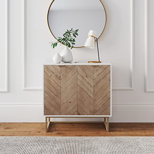 Nathan James Enloe Modern Storage, Free Standing Accent Cabinet with Doors in a Rustic Fir Wood Finish Powder-coated Metal Base for Hallway, Entryway or Living Room, White/Gold