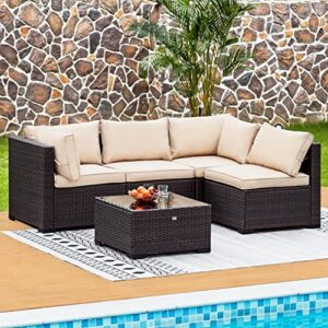 natural expressions 5 piece wicker patio sectional furniture sets outdoor sofa rattan couch,all weather conversation set with tempered glass coffee table and cushions,deck, poolside,backyard porch