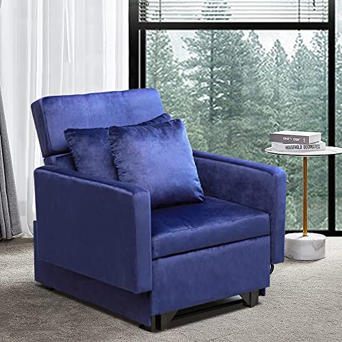 CDCASA Convertible Chair Bed, 3-in-1 Sleeper Chair Sofa with Adjustable Backrest, 2 Pillows, Into a Lounger Chair, Sofa Bed, Armchair for Living Room, Small Spaces, Apartment, PLush Fabric Blue, 1 PCS