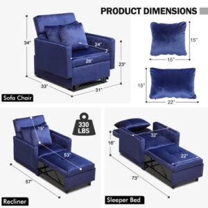 CDCASA Convertible Chair Bed, 3-in-1 Sleeper Chair Sofa with Adjustable Backrest, 2 Pillows, Into a Lounger Chair, Sofa Bed, Armchair for Living Room, Small Spaces, Apartment, PLush Fabric Blue, 1 PCS