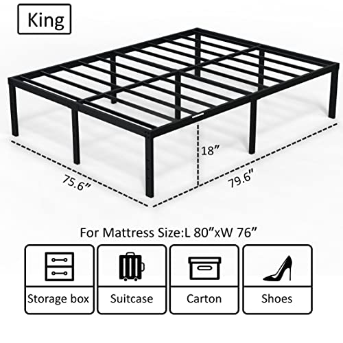 EMODA 18 Inch King Bed Frame No Box Spring Needed, Heavy Duty Tall Metal Platform with Large Storage Space, Noise Free, Easy Assembly, Black