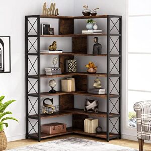 tribesigns 6-shelf corner bookcase, vintage industrial corner bookshelf etagere bookcase, 6 tier corner shelf storage rack with metal frame for living room home office (rustic brown)