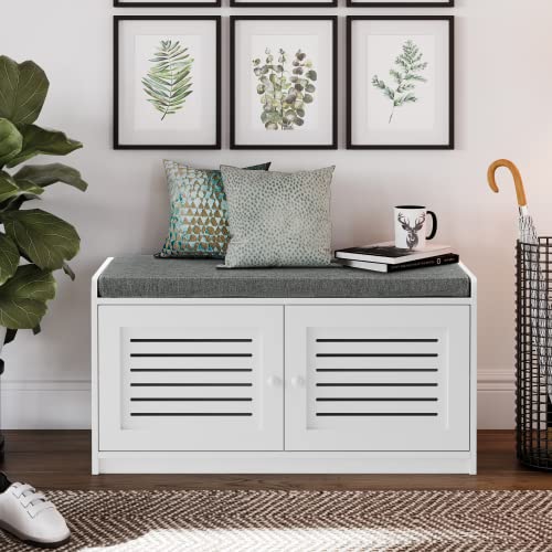 Sturdis Shoe Storage Bench White - Cushion Seat - Adjustable Shelves - Soft-Close Hinges - for Comfort & Style, Perfect for Entryway First Impression!