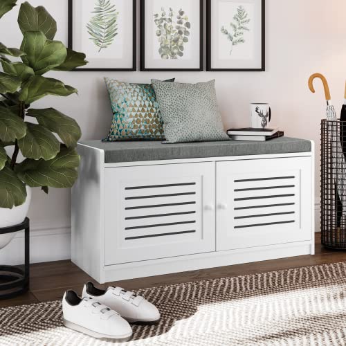 Sturdis Shoe Storage Bench White - Cushion Seat - Adjustable Shelves - Soft-Close Hinges - for Comfort & Style, Perfect for Entryway First Impression!