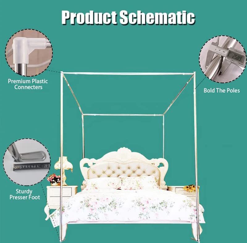 Mengersi Canopy Bed Frame Post Queen Size Stainless Steel Bed Canopy Frame Poles Four Corner Bed Bracket Fit for Metal Bed Wood Bed Bedroom Decor