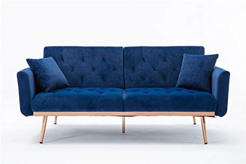 SZLIZCCC 63" Accent Sofa, Mid Century Modern Velvet Fabric Couch， Convertible Futon Sofa Bed ，Recliner Couch Accent Sofa Loveseat Sofa with Gold Metal Feet (Blue)