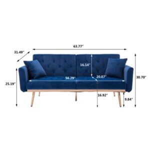 SZLIZCCC 63" Accent Sofa, Mid Century Modern Velvet Fabric Couch， Convertible Futon Sofa Bed ，Recliner Couch Accent Sofa Loveseat Sofa with Gold Metal Feet (Blue)