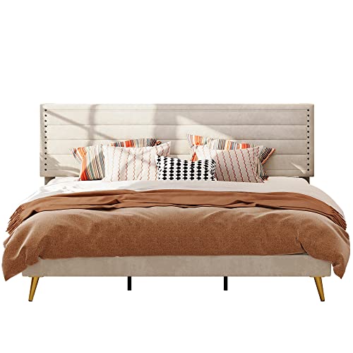 LIKIMIO King Size Bed Frame, Upholstered Platform Bed King with Headboard Heavy Strong Metal/Wood Supports, Easy Assembly, Noise-Free, No Box Spring Needed, Beige