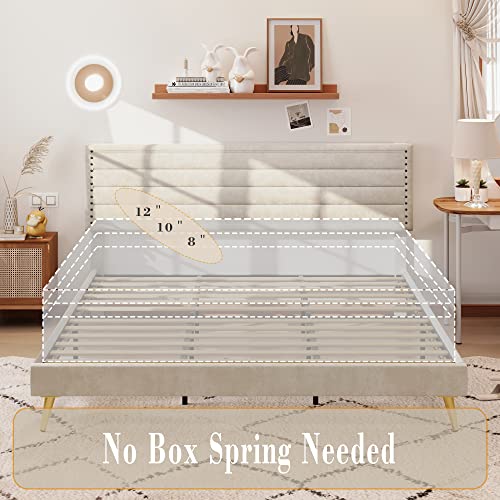 LIKIMIO King Size Bed Frame, Upholstered Platform Bed King with Headboard Heavy Strong Metal/Wood Supports, Easy Assembly, Noise-Free, No Box Spring Needed, Beige