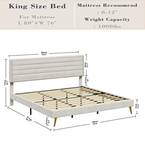 LIKIMIO King Size Bed Frame, Upholstered Platform Bed King with Headboard Heavy Strong Metal/Wood Supports, Easy Assembly, Noise-Free, No Box Spring Needed, Beige