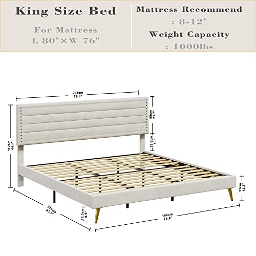 LIKIMIO King Size Bed Frame, Upholstered Platform Bed King with Headboard Heavy Strong Metal/Wood Supports, Easy Assembly, Noise-Free, No Box Spring Needed, Beige