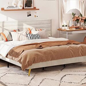 LIKIMIO King Size Bed Frame, Upholstered Platform Bed King with Headboard Heavy Strong Metal/Wood Supports, Easy Assembly, Noise-Free, No Box Spring Needed, Beige