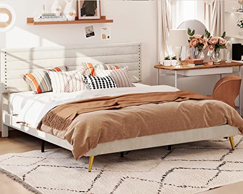 LIKIMIO King Size Bed Frame, Upholstered Platform Bed King with Headboard Heavy Strong Metal/Wood Supports, Easy Assembly, Noise-Free, No Box Spring Needed, Beige