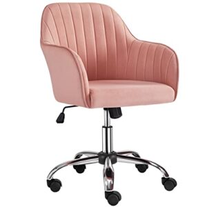 yaheetech velvet office desk chair height adjustable task chairs modern office chair makeup chair 360° swivel computer chair mid back chair living room chairs with arms&stainless base accent pink