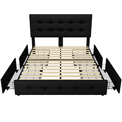 Queen Bed Frame with 4 Storage Drawers and Adjustable Headboard, Upholstered Platform Bed with Button Tufted Design, Strong Wooden Slats Support, No Box Spring Needed, Black