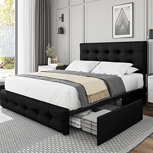 Queen Bed Frame with 4 Storage Drawers and Adjustable Headboard, Upholstered Platform Bed with Button Tufted Design, Strong Wooden Slats Support, No Box Spring Needed, Black