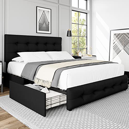 Queen Bed Frame with 4 Storage Drawers and Adjustable Headboard, Upholstered Platform Bed with Button Tufted Design, Strong Wooden Slats Support, No Box Spring Needed, Black