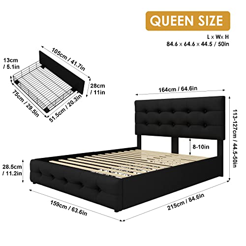 Queen Bed Frame with 4 Storage Drawers and Adjustable Headboard, Upholstered Platform Bed with Button Tufted Design, Strong Wooden Slats Support, No Box Spring Needed, Black