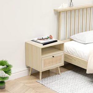 rattan nightstand with drawer and open storage shelves, wood finish end table, accent side table for living room, bedroom