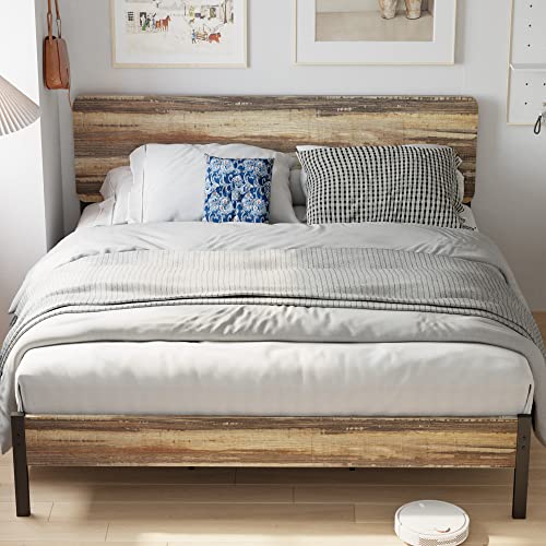 LIKIMIO King Bed Frame, Platform Bed Frame King with Headboard and Strong Steel Slat Support, Easy Assembly, No Box Spring Needed, Rustic Brown