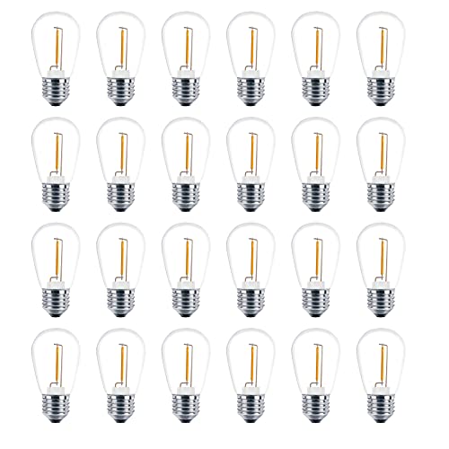 Meconard 24 Pack LED S14 Replacement Light Bulbs, Shatterproof Outdoor String Light Bulbs, 1 Watt to Replace 11Watts Incandescent Bulb, E26 Regular Medium Screw Base, 2200K Warm White, Non-Dimmable