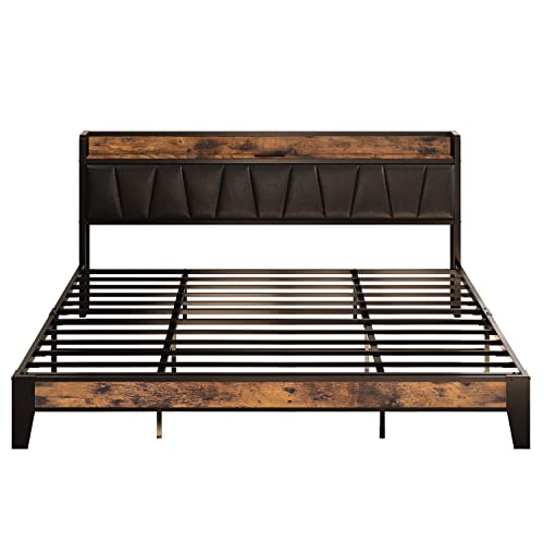 LIKIMIO King Bed Frame, Storage Headboard with Charging Station, Solid and Stable, Noise Free, No Box Spring Needed, Easy Assembly (Vintage and Black)