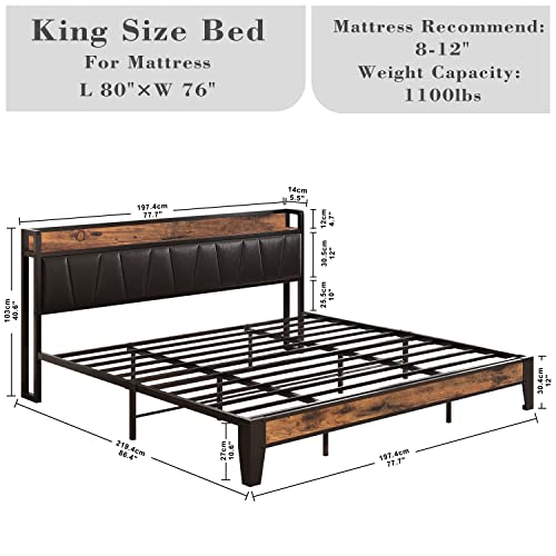 LIKIMIO King Bed Frame, Storage Headboard with Charging Station, Solid and Stable, Noise Free, No Box Spring Needed, Easy Assembly (Vintage and Black)