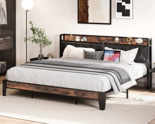 LIKIMIO King Bed Frame, Storage Headboard with Charging Station, Solid and Stable, Noise Free, No Box Spring Needed, Easy Assembly (Vintage and Black)