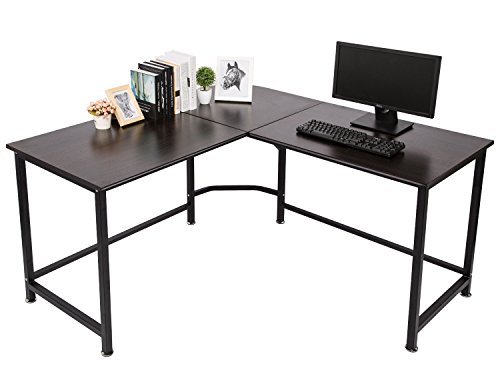 TOPSKY L-Shaped Desk Corner Computer Desk 55" x 55" with 24" Deep Workstation Bevel Edge Design (Walnut+Black Leg)