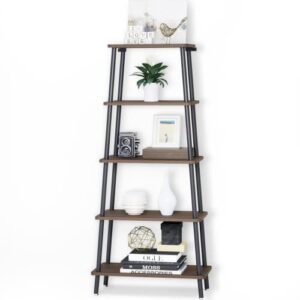 mxarltr ladder bookshelf tiered bookcase, ladder shelf wood and metal floor standing storage display narrow ladder shelf bookcase flower plant rack for living room kitchen bathroom office, walnut