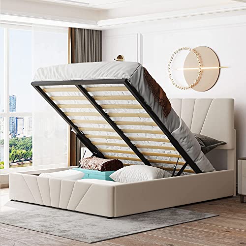 CITYLIGHT Upholstered Queen Platform Bed Frame with Storage, Queen Size Bed with Gas Lift Up Storage, Wooden Queen Storage Bed with Tufted Headboard and Hydraulic Storage System,Beige