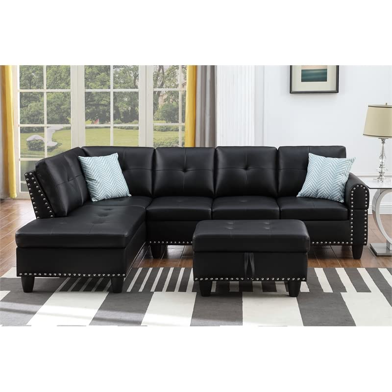 Devion Furniture Faux Leather Sectional Sofa with Ottoman in Black (Pillows Included)