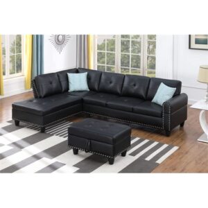 Devion Furniture Faux Leather Sectional Sofa with Ottoman in Black (Pillows Included)