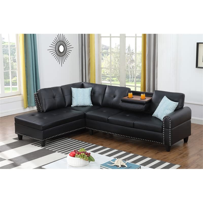 Devion Furniture Faux Leather Sectional Sofa with Ottoman in Black (Pillows Included)